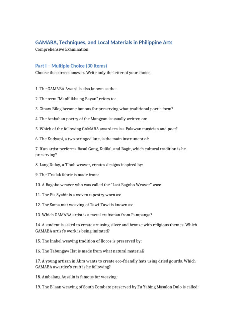 GAMABA and Philippine Arts Exam Guide | PDF | Weaving