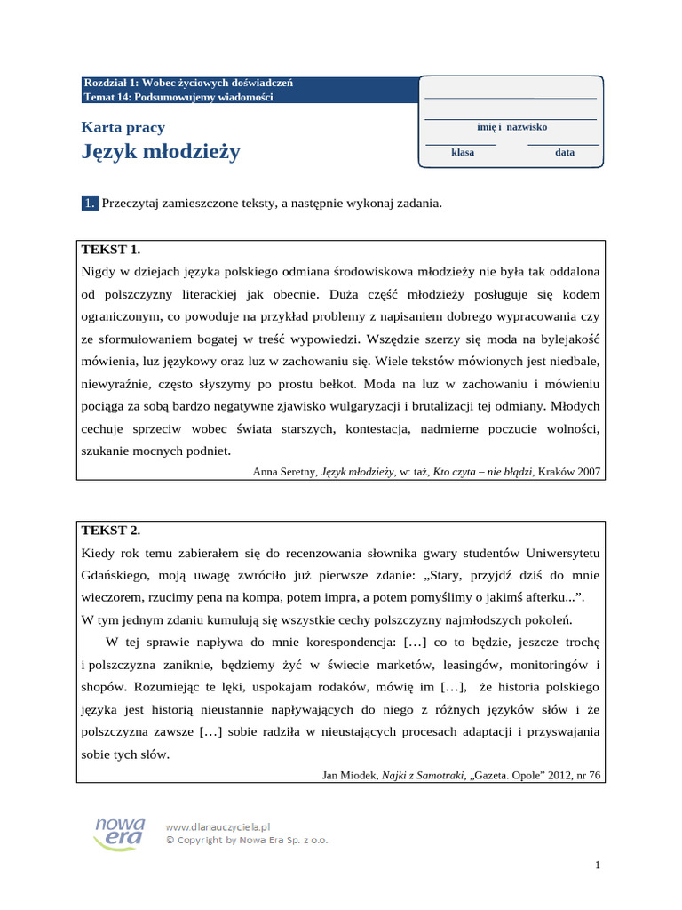 Karta Pracy Do Podrecznika Nauczyciela Jezyk Mlodziezy Temat 14 | PDF
