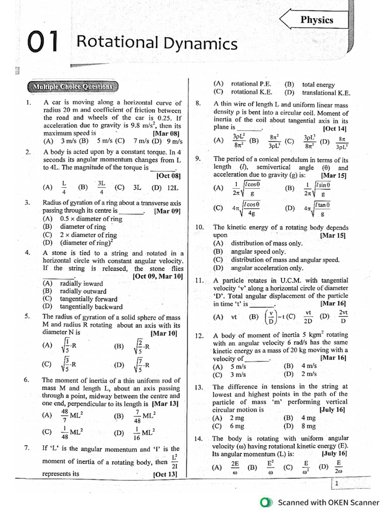 Rotational Dynamics PYQ HSC-1 | PDF