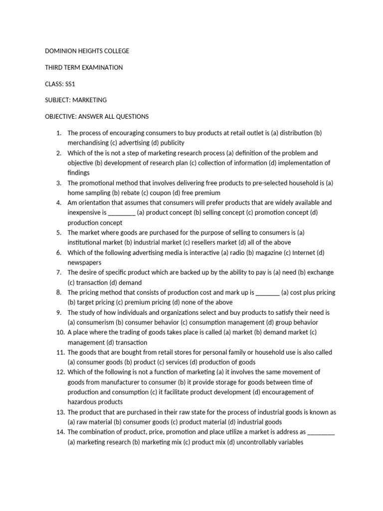 SS1 Marketing Exam Questions PDF | PDF | Marketing | Pricing