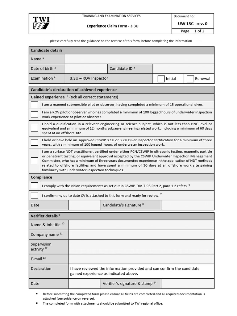 ROV Inspector Experience Claim Form | PDF | Nondestructive Testing ...