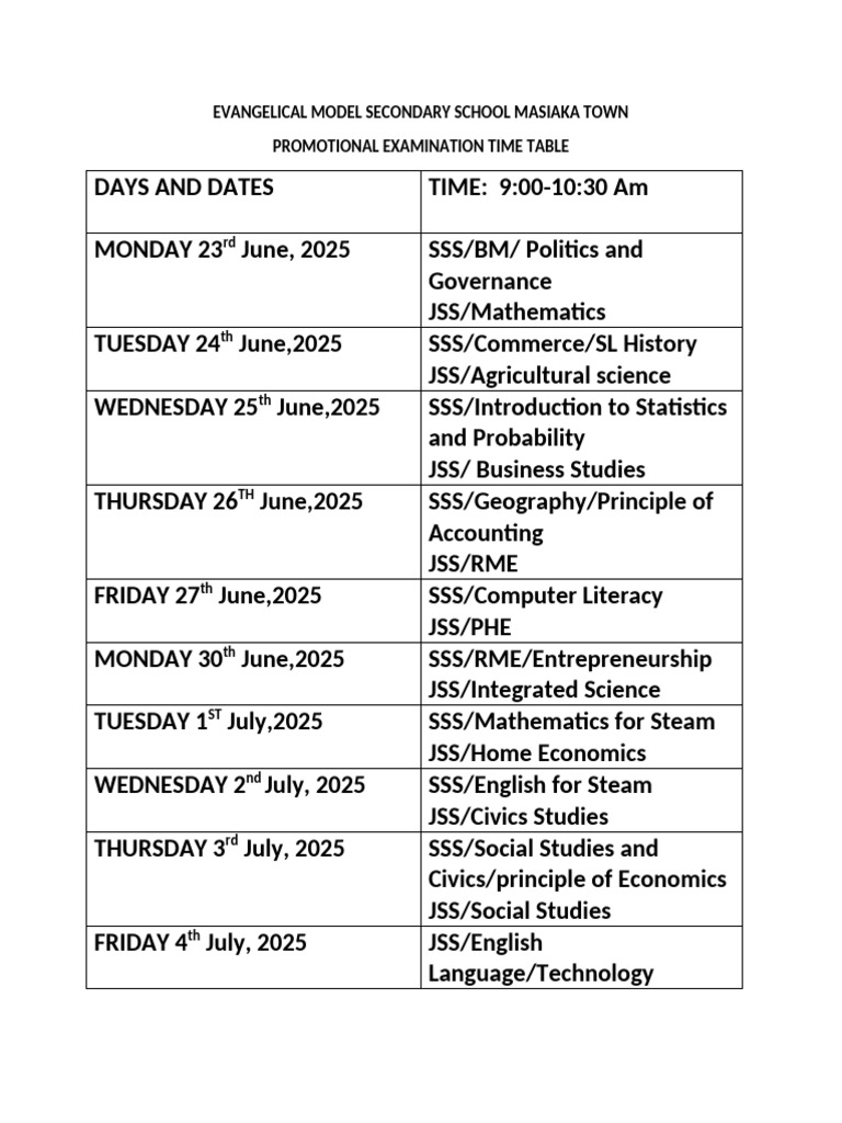 Promotional Exam Schedule 2025 | PDF