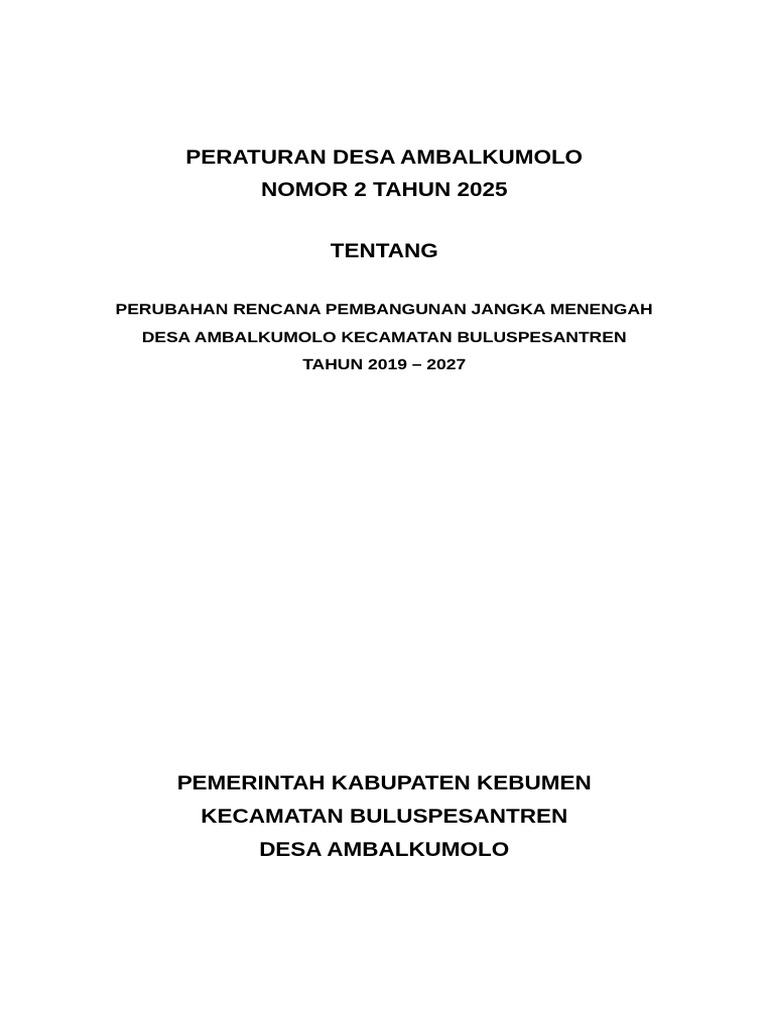 Cover Peraturan Desa Ambalkumolo | PDF
