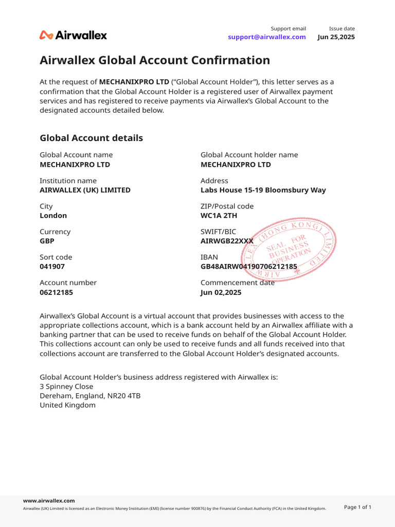 Airwallex Account Confirmation for MECHANIXPRO | PDF | Money | Service ...