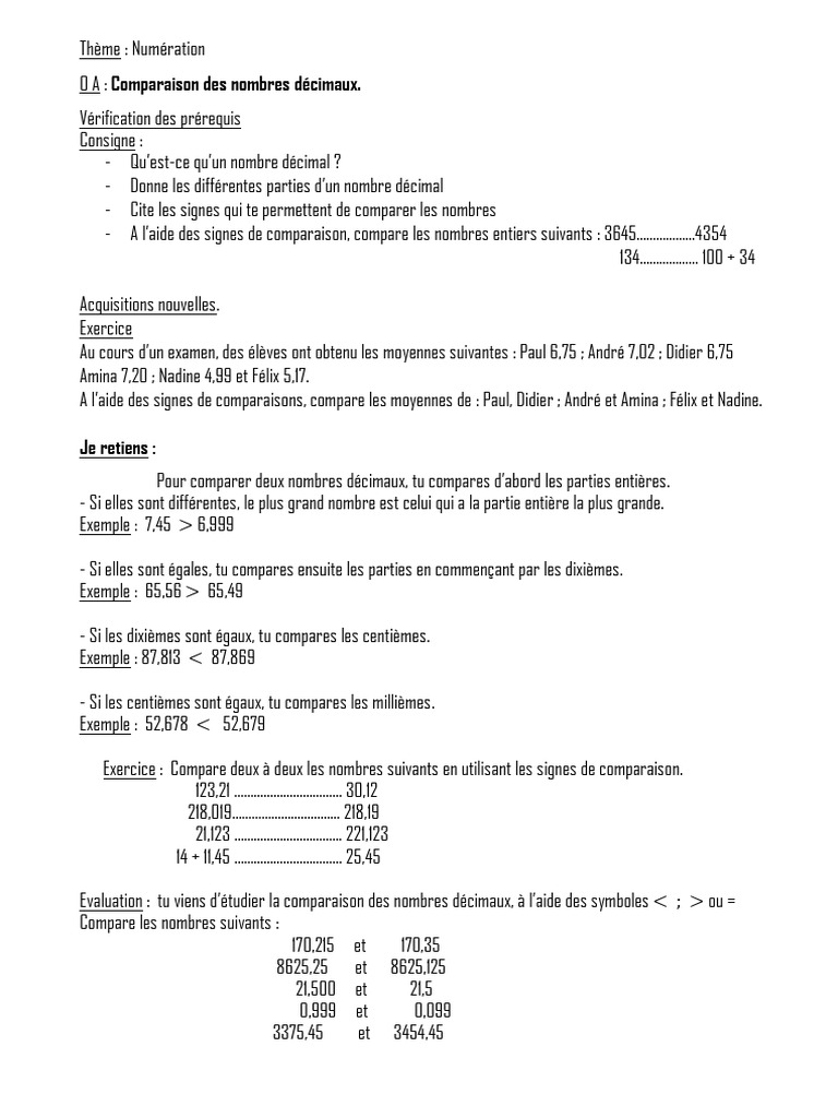 Comparaison des Nombres Décimaux | PDF
