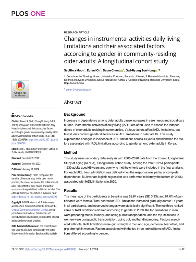 Changes in Instrumental Activities Daily Living Limitations and Their ...