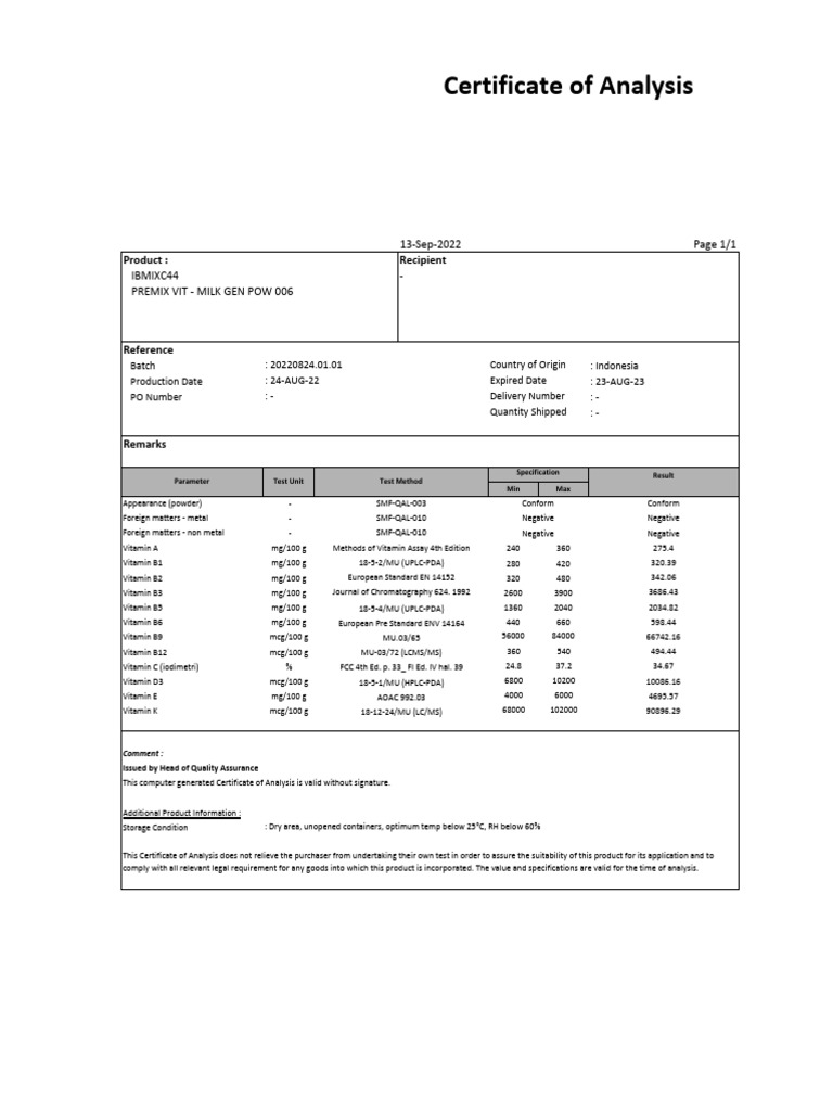 Vitamin Premix Analysis Certificate | PDF | Dietary Supplements | Human ...