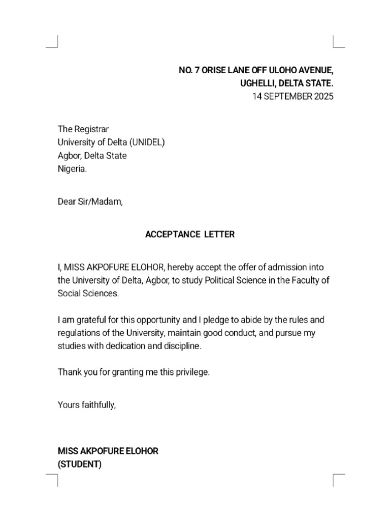 Acceptance Letter UNIDEL Phoenix | PDF