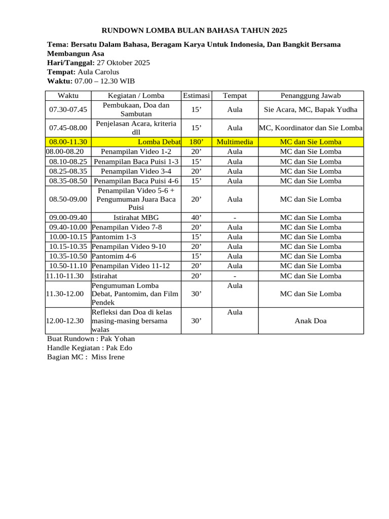 Rundown Lomba Bulan Bahasa 2025 | PDF