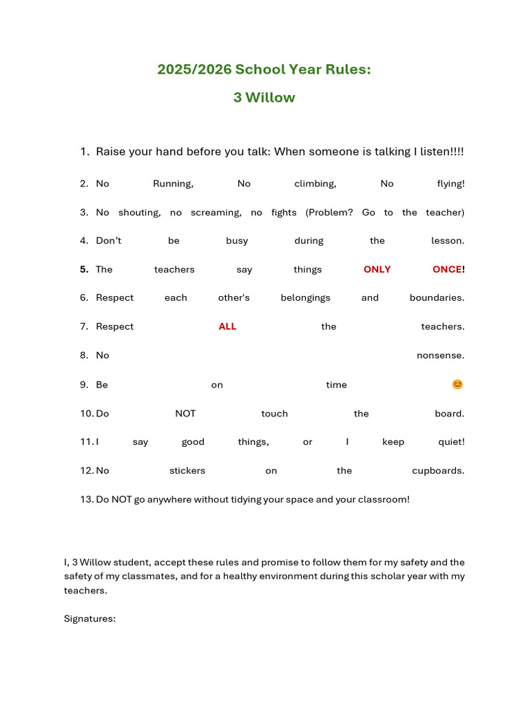 Classroom Rules for 2025/2026 | PDF