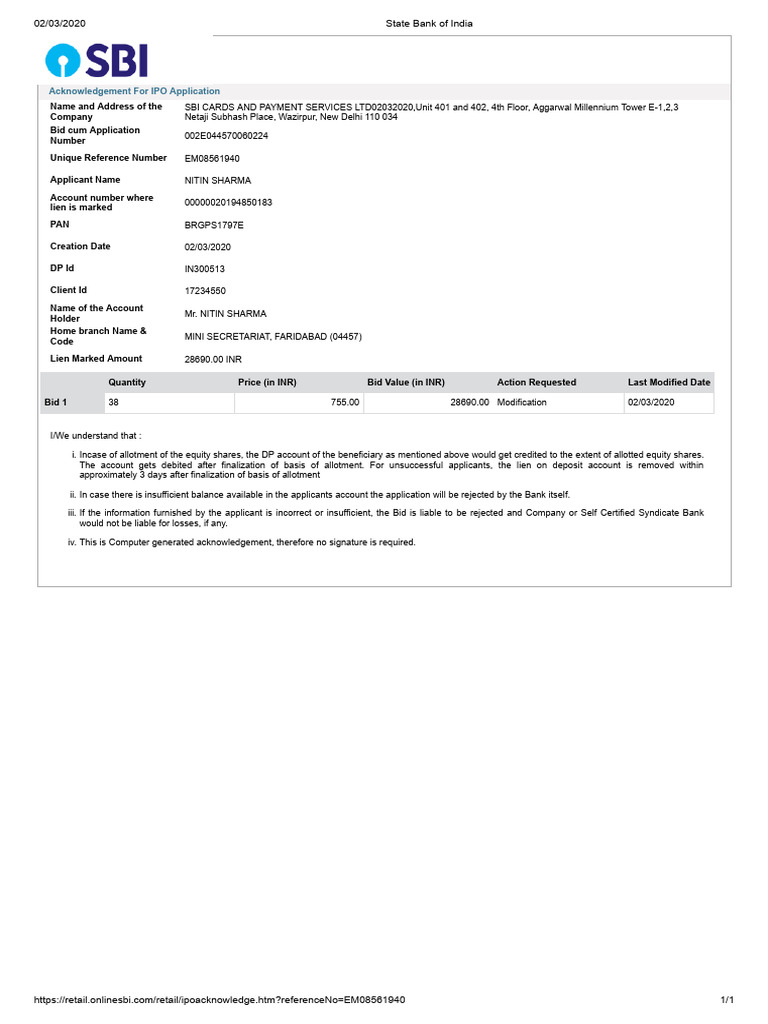 Sbi Card Ipo Application Revised | PDF | Banks | Business