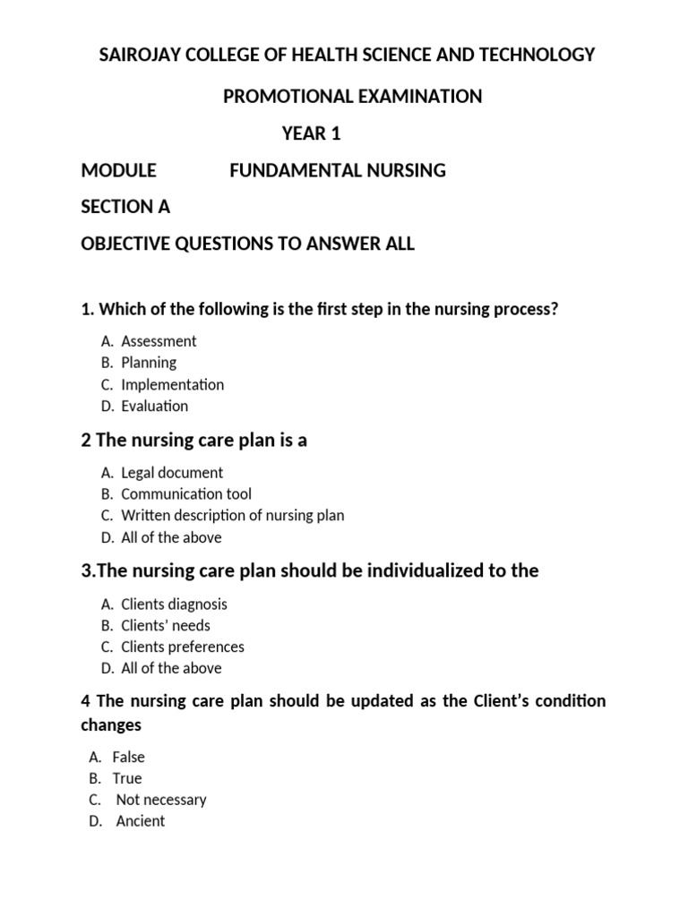 Year 1 Promotional Examination | PDF | Nursing | Medical Specialties