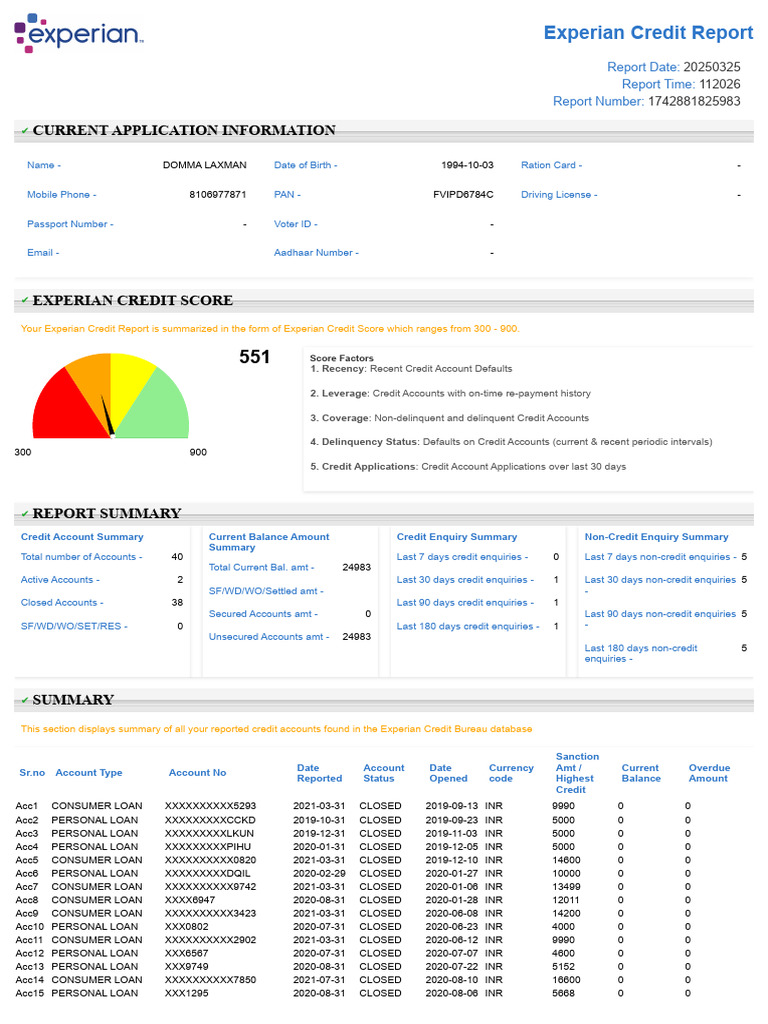 Current Application Information: Experian Credit Report | PDF | Credit ...