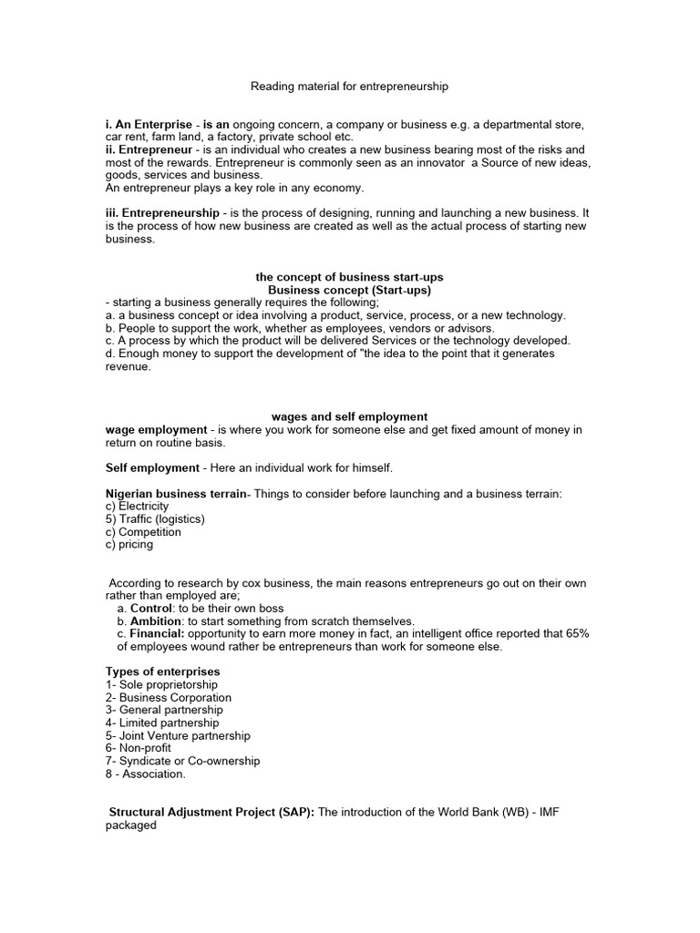 Reading Material For Entrepreneurship | PDF | Entrepreneurship ...