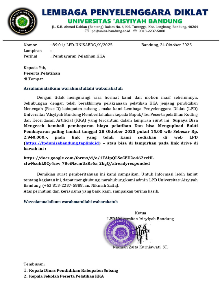 89 - Surat Edaran Konfirmasi Pembayaran Peserta Pelatihan KKA - LPD Unisa Bandung | PDF