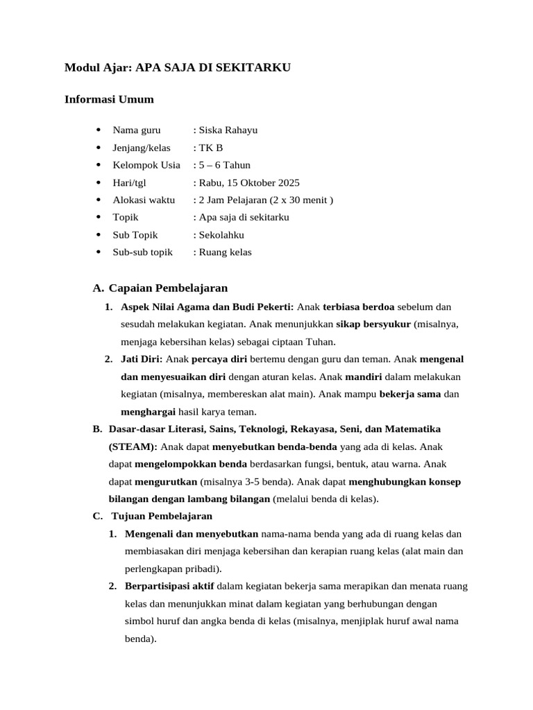 Modul Ajar TK B: Mengenal Sekolahku | PDF
