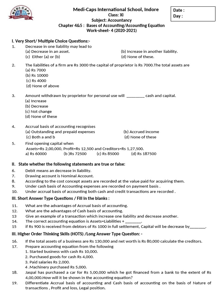 Accountancy Basics: Worksheets for Class XI | PDF | Debits And Credits ...