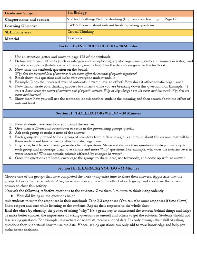 8th Biology Critical Thinking | PDF | Aquatic Ecosystem