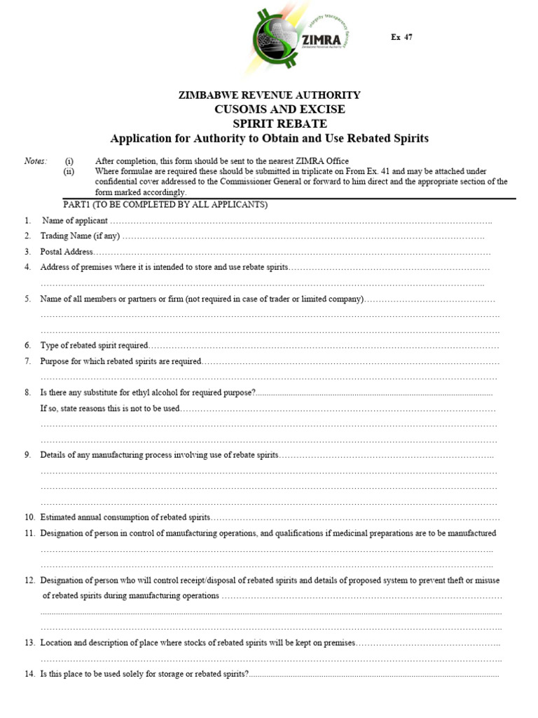 ZIMRA Spirit Rebate Application Form | PDF