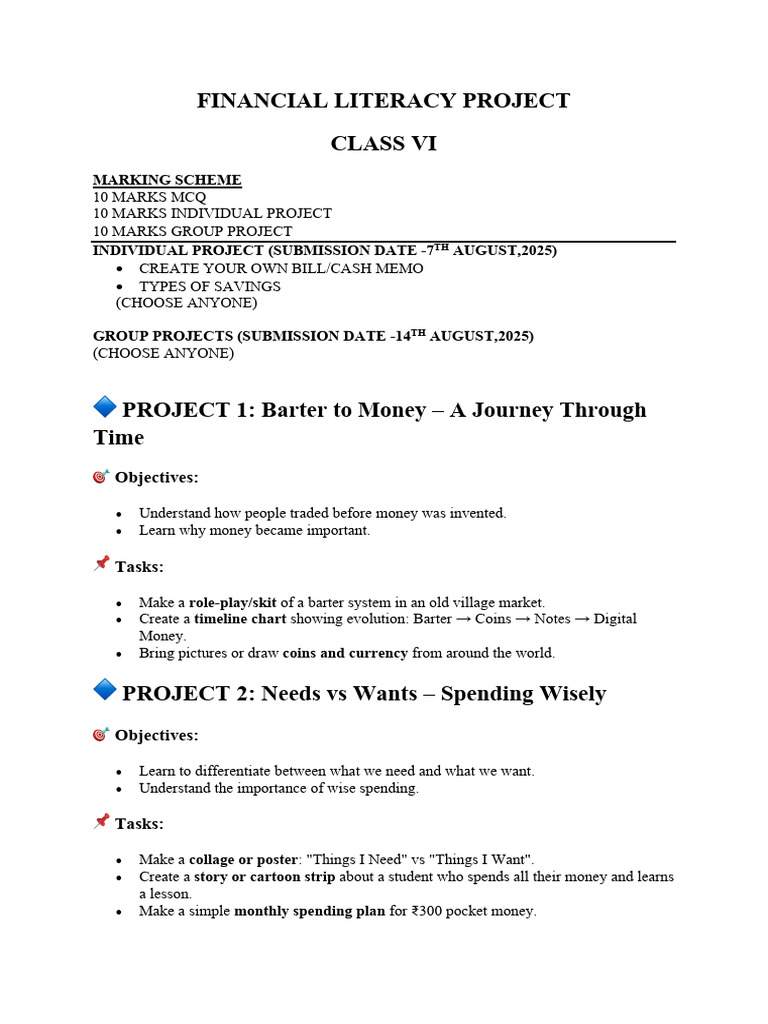Grade 6 Financial Literacy Projects | PDF