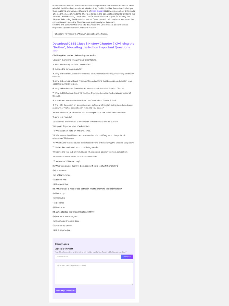 Cbse Study Material Important Questions For Class 8 Social Science ...