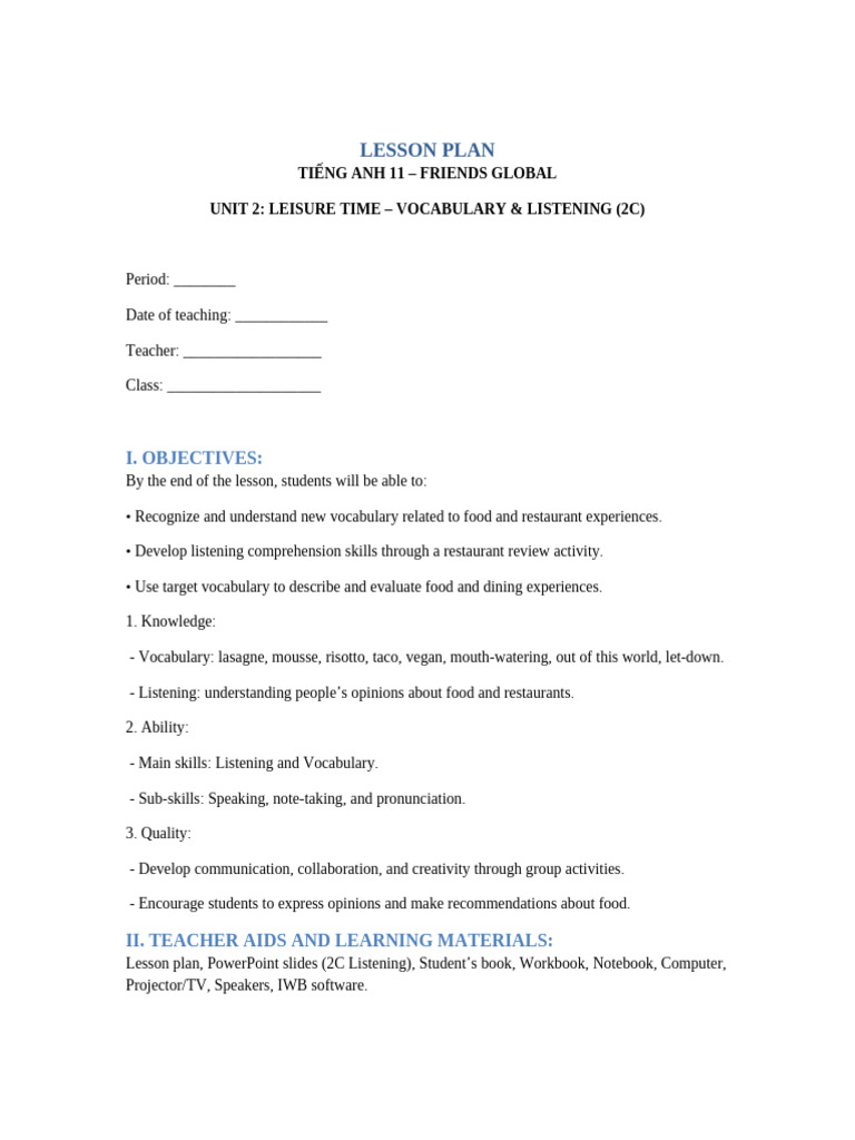 English Lesson Plan: Food Vocabulary | PDF | Vocabulary | Lesson Plan