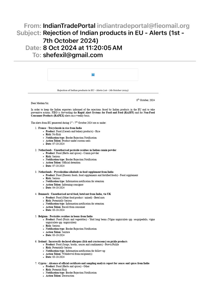 Rejection of Indian Products in EU - Alerts (1st - 7th October 2024 ...