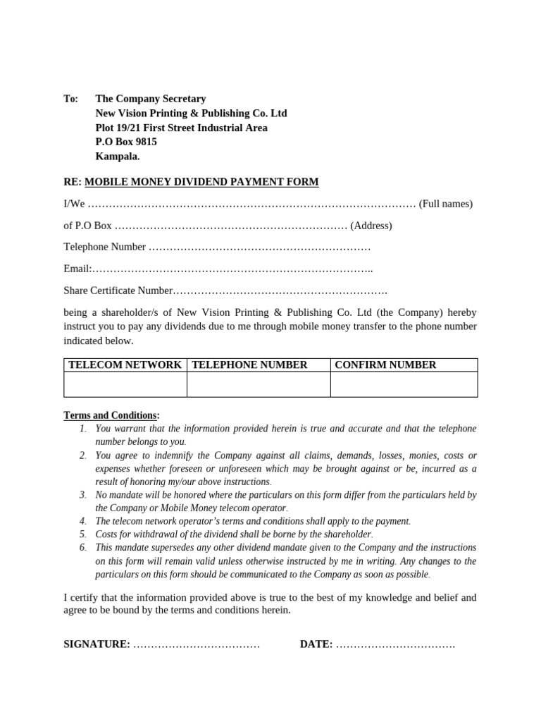 Mobile Money Dividend Payment Form | PDF