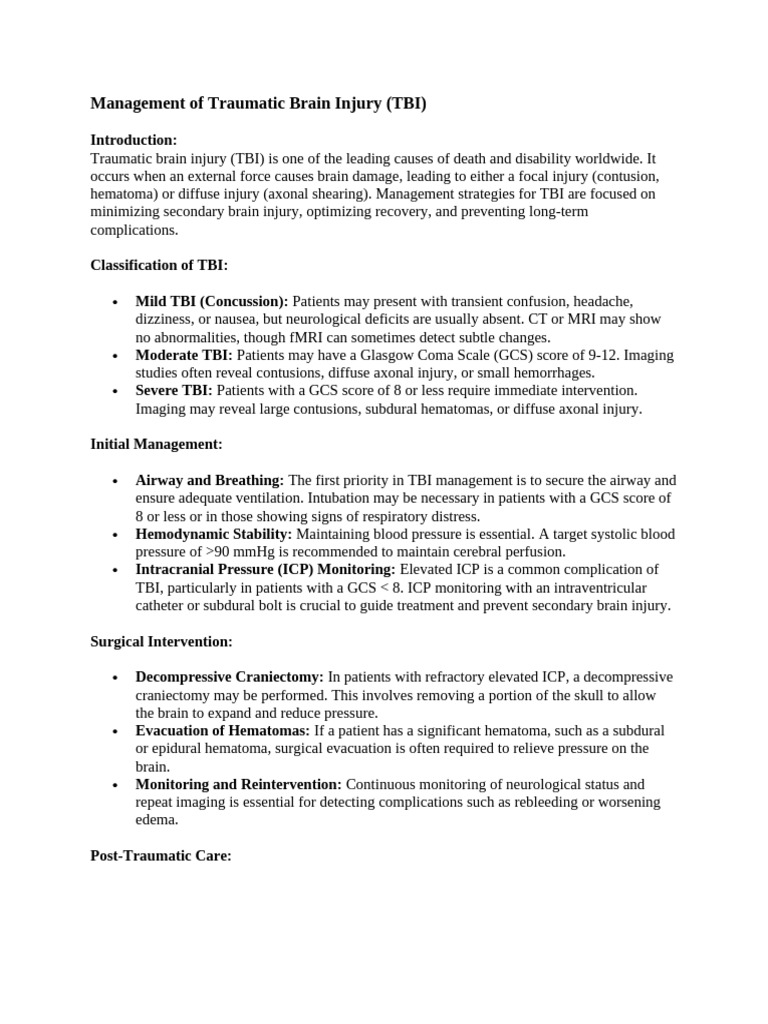 Management of Traumatic Brain Injury (TBI) | PDF | Traumatic Brain ...