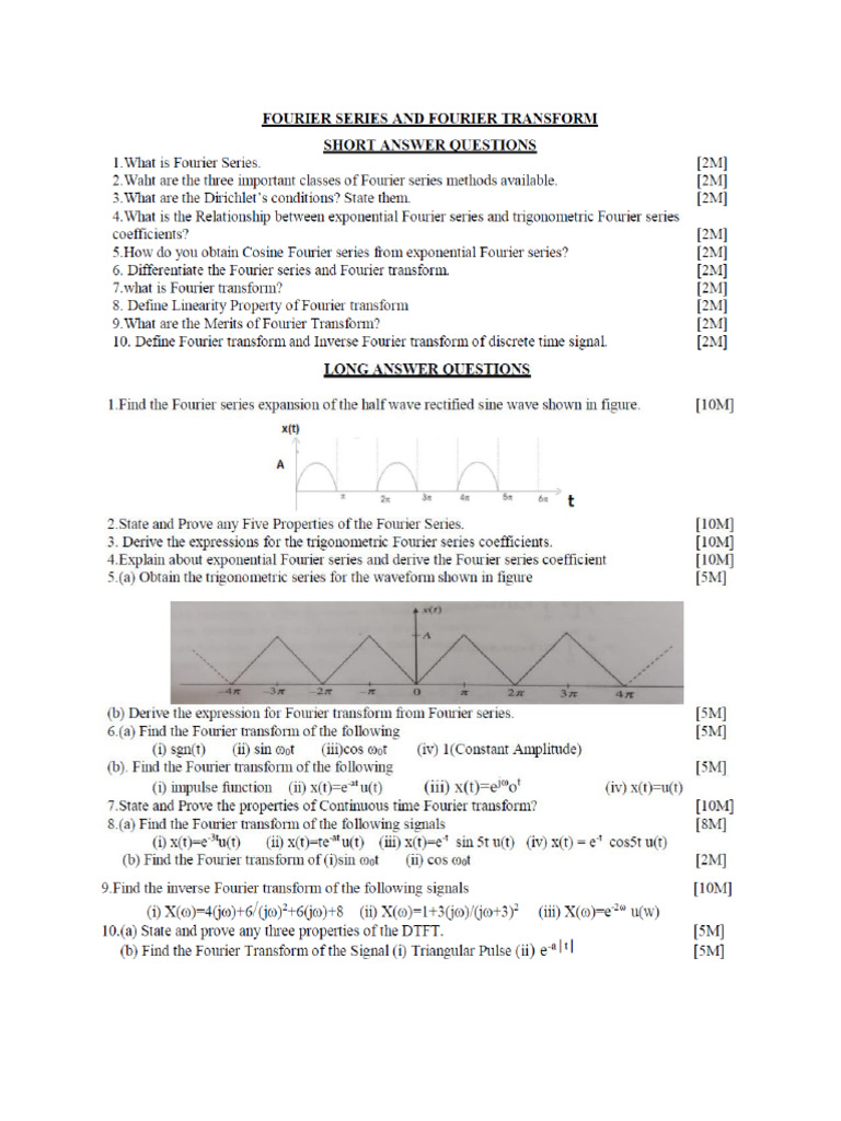 Fourier Series and Fourier Transform Quiz Bank | PDF