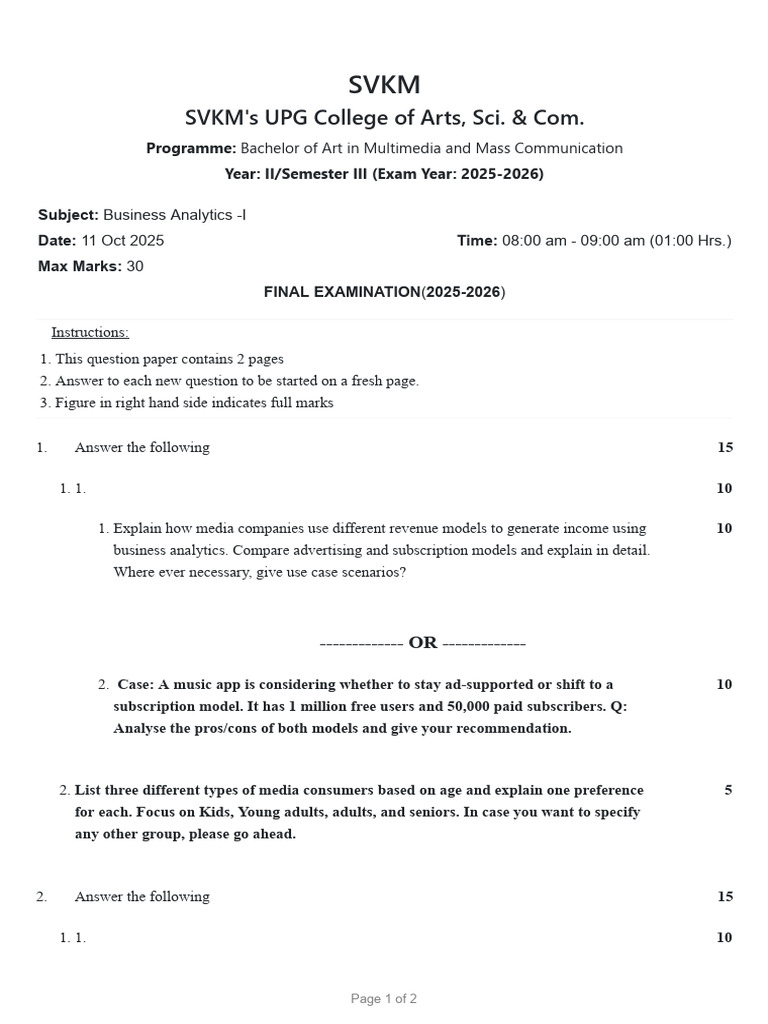 Business Analytics Exam Paper 2025-2026 | PDF | Analytics ...