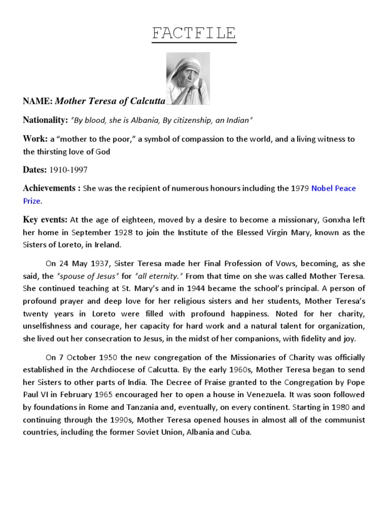 Fact File | PDF | Mother Teresa | Pablo Picasso