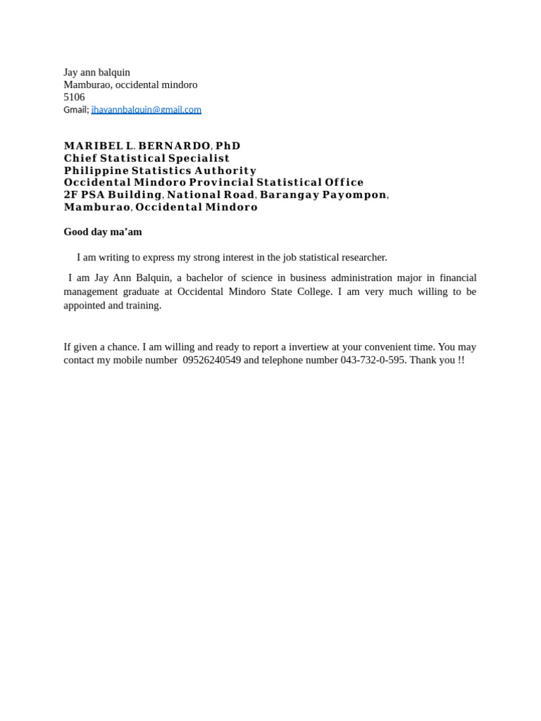 Jay Ann Balquin - Application Letter | PDF