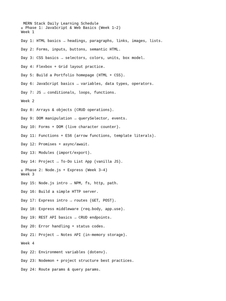 MERN Stack Learning Schedule Guide | PDF | Java Script | Document ...