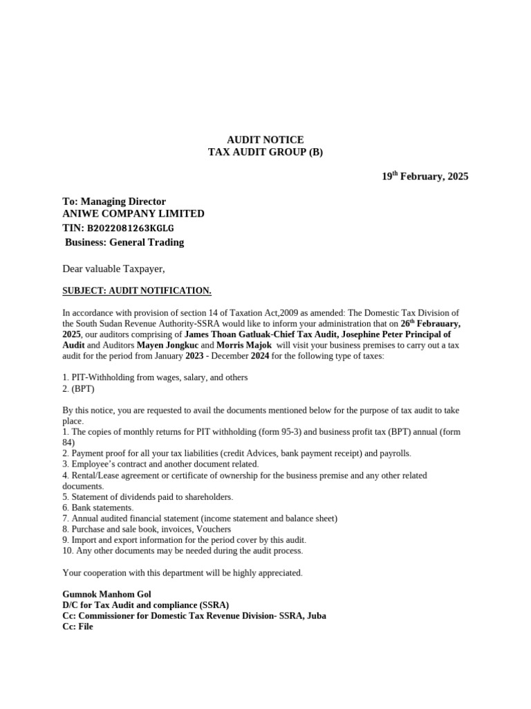 Tax Audit Notification for Aniwe Company | PDF