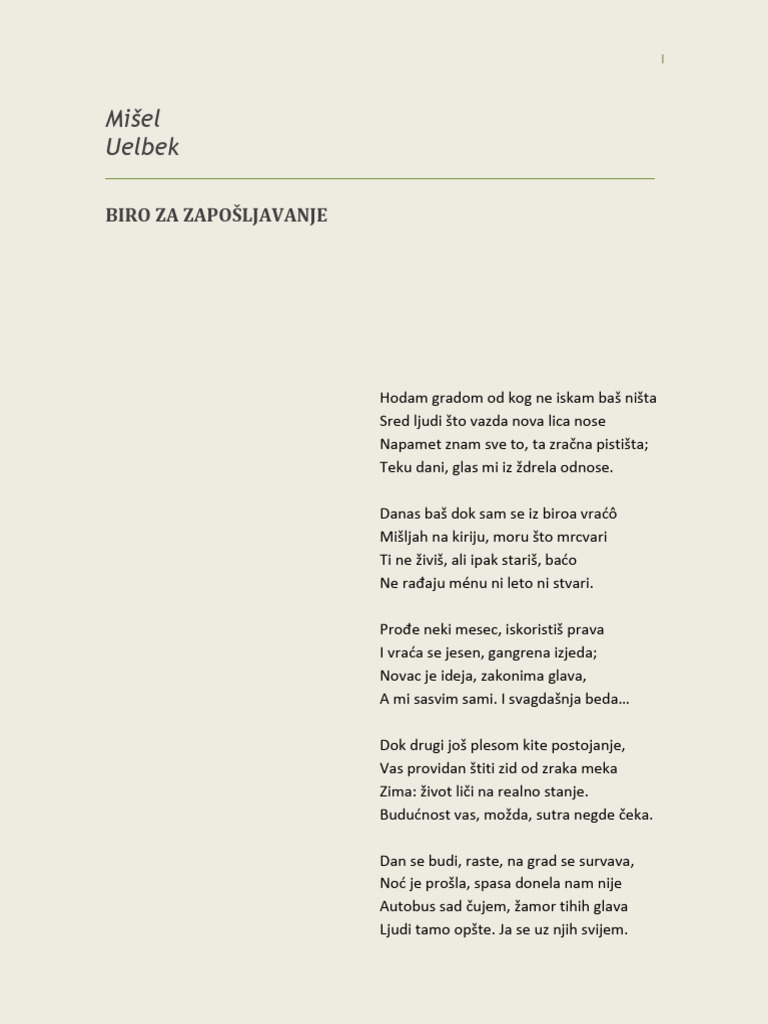 Mišel Uelbek, Biro Za Zapošljavanje (Pesma) | PDF
