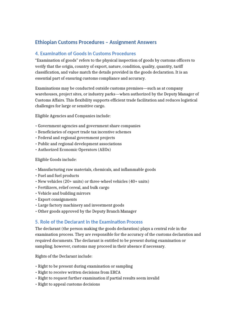 Ethiopian Customs Assignment Answers | PDF | Customs | Taxes