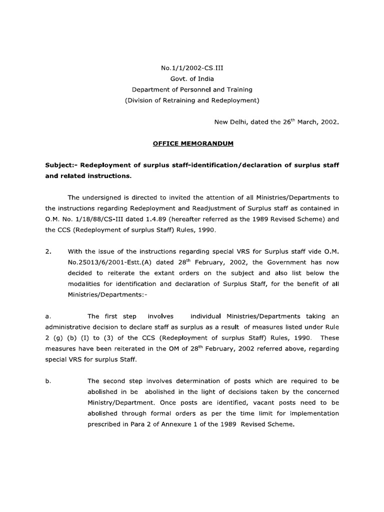 Central Civil Services (Redeployment of Surplus Staff) Rules, 2002 | PDF