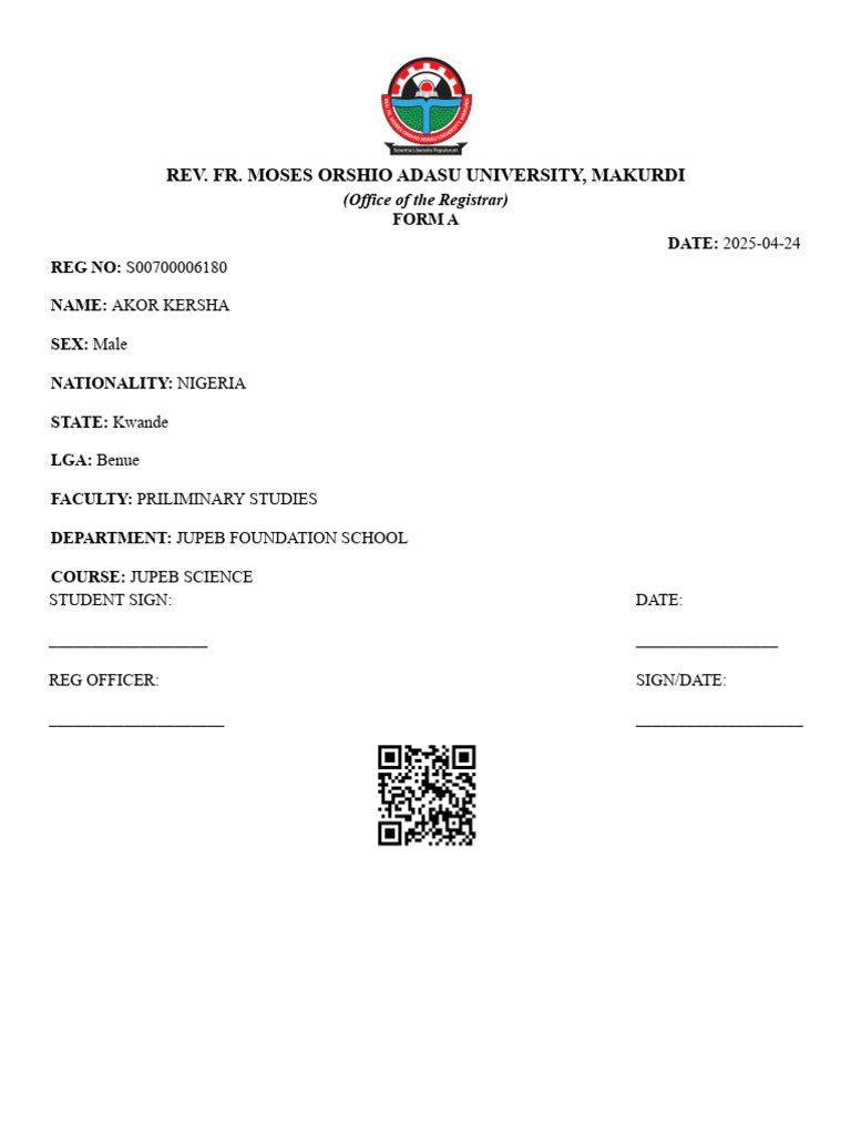 Form A Jupeb 1 | PDF