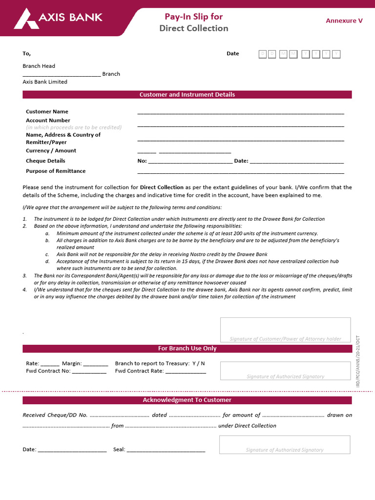 Direct Collection Pay-In Slip for Cheques | PDF | Cheque | Personal Finance