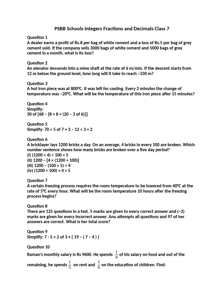 PSBB Schools Integers Fractions and Decimals Class 7 | PDF