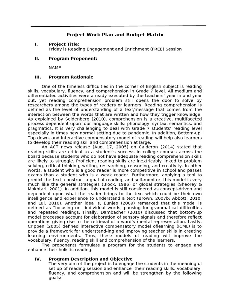 Free Detailed Project Work Plan 2024 2025 | PDF | Reading Comprehension ...