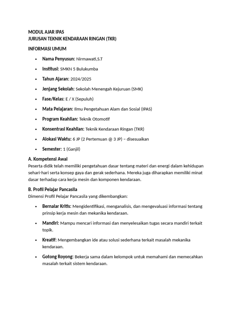 Modul Ajar IPAS TKR SMK 2024/2025 | PDF