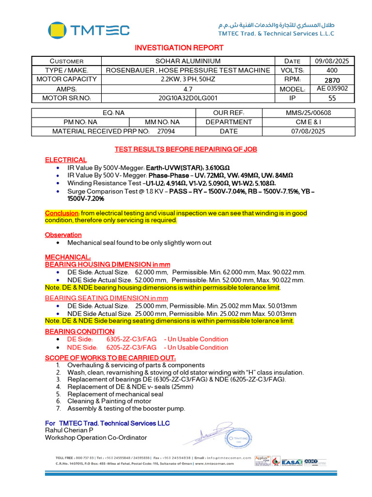 Electrical and Mechanical Inspection Report | PDF | Electricity ...