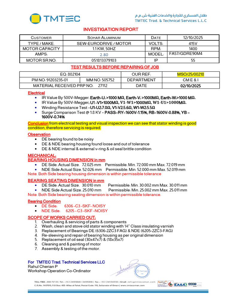 Investigation Report - Mso-25-00218 - Sew-Eurodrive Motor 1.1 KW PRP ...