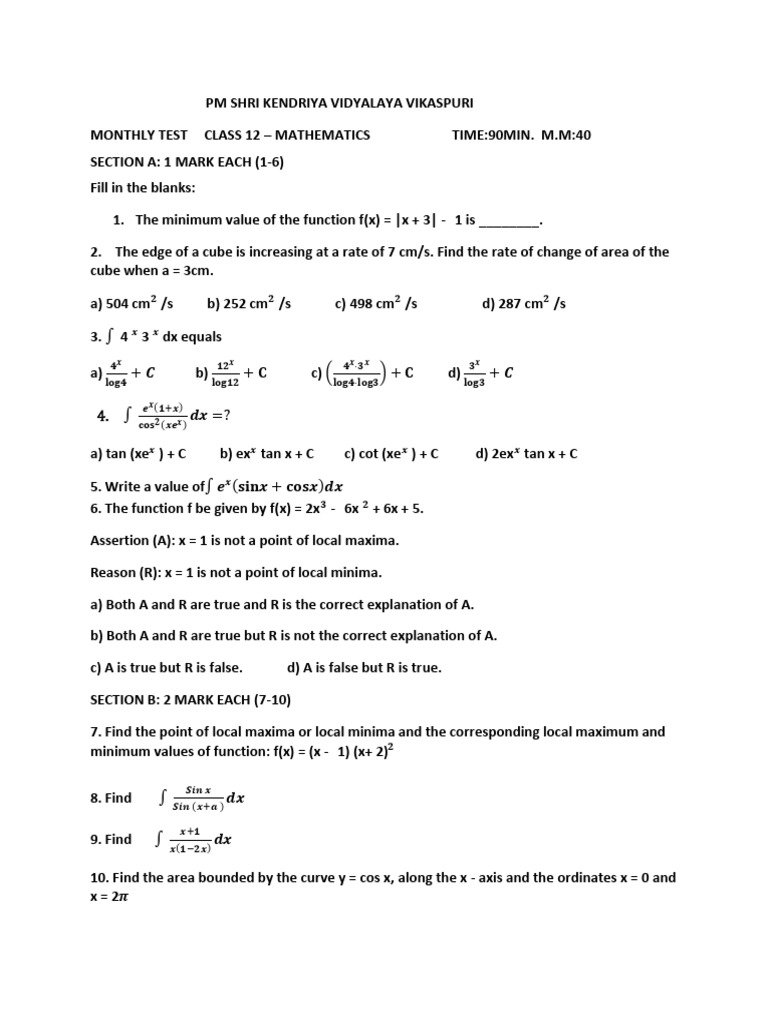Class 12 Maths Monthly Test | PDF | Mathematical Analysis | Mathematics