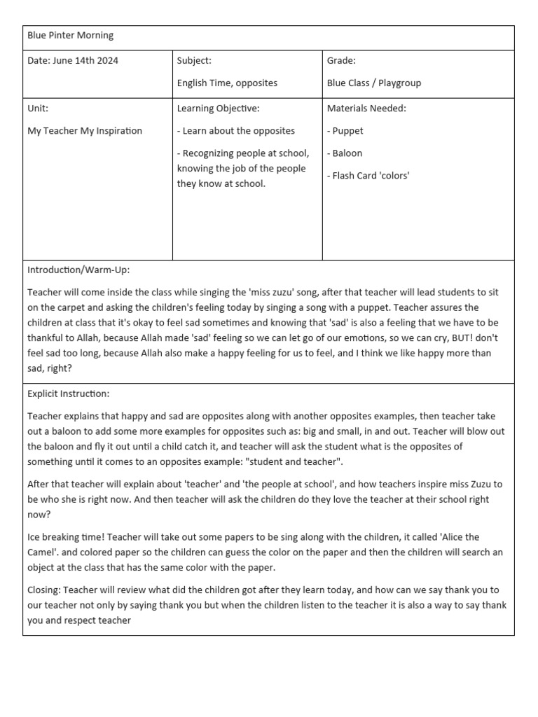 Lesson Plan Microteaching - English, Blue Pinter Morning | PDF