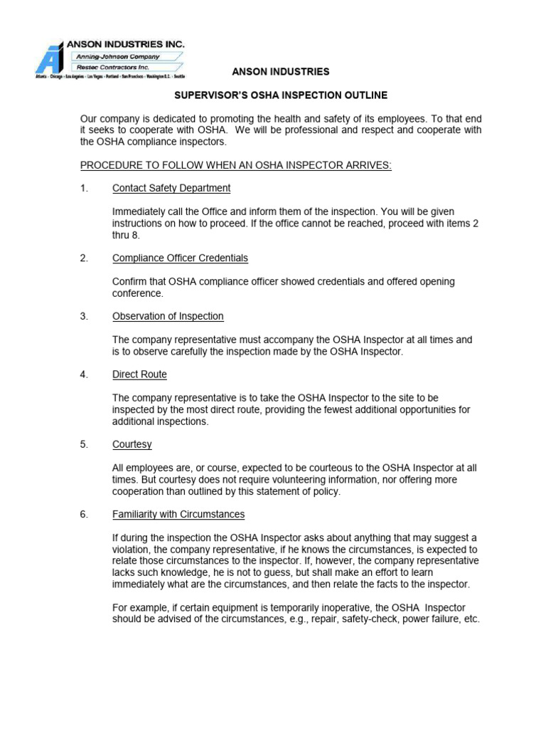 OSHA Inspection Outline | PDF | Occupational Safety And Health ...