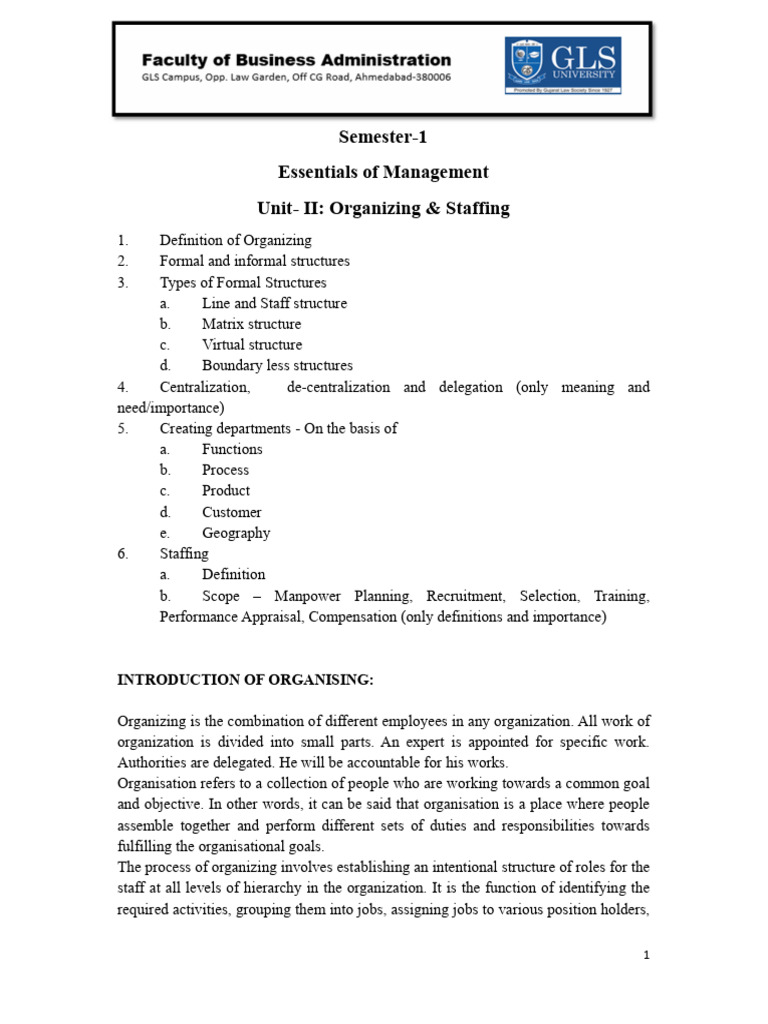 Sem 1 Essentials of Management - Unit 2 Organizing & Staffing Notes ...