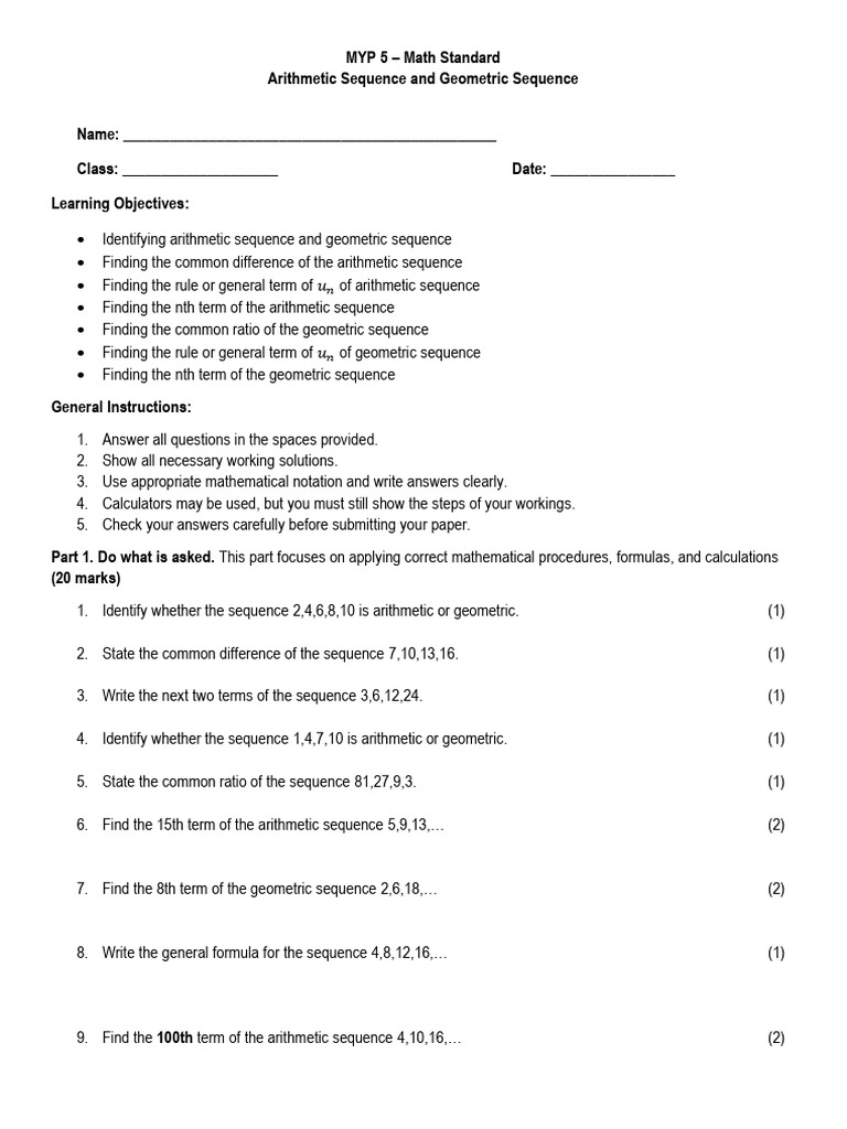 MYP 5 - Math Standard Arithmetic Sequence and Geometric Sequence Paper ...
